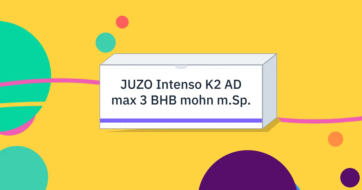 Symbolbild: Packung mit der Aufschrift JUZO Intenso K2 AD max 3 BHB mohn m.Sp. (PZN 18616492) – Verfügbarkeit und Bezug in Apotheken in Frankfurt am Main