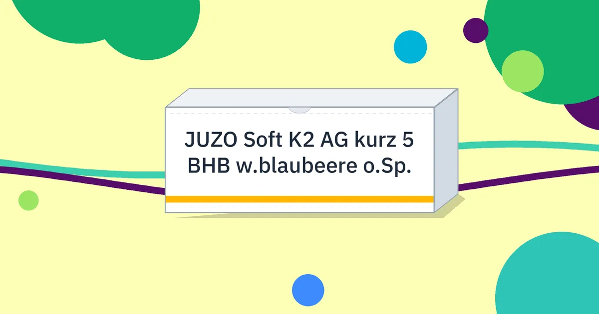 Symbolbild: Packung mit der Aufschrift JUZO Soft K2 AG kurz 5 BHB w.blaubeere o.Sp. (PZN 14842843) – Verfügbarkeit und Bezug in Apotheken in Frankfurt am Main