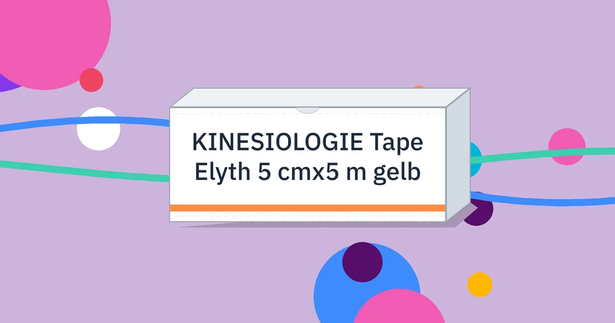 Symbolbild: Packung mit der Aufschrift KINESIOLOGIE Tape Elyth 5 cmx5 m gelb (PZN 10735754) – Verfügbarkeit und Bezug in Apotheken in Frankfurt am Main