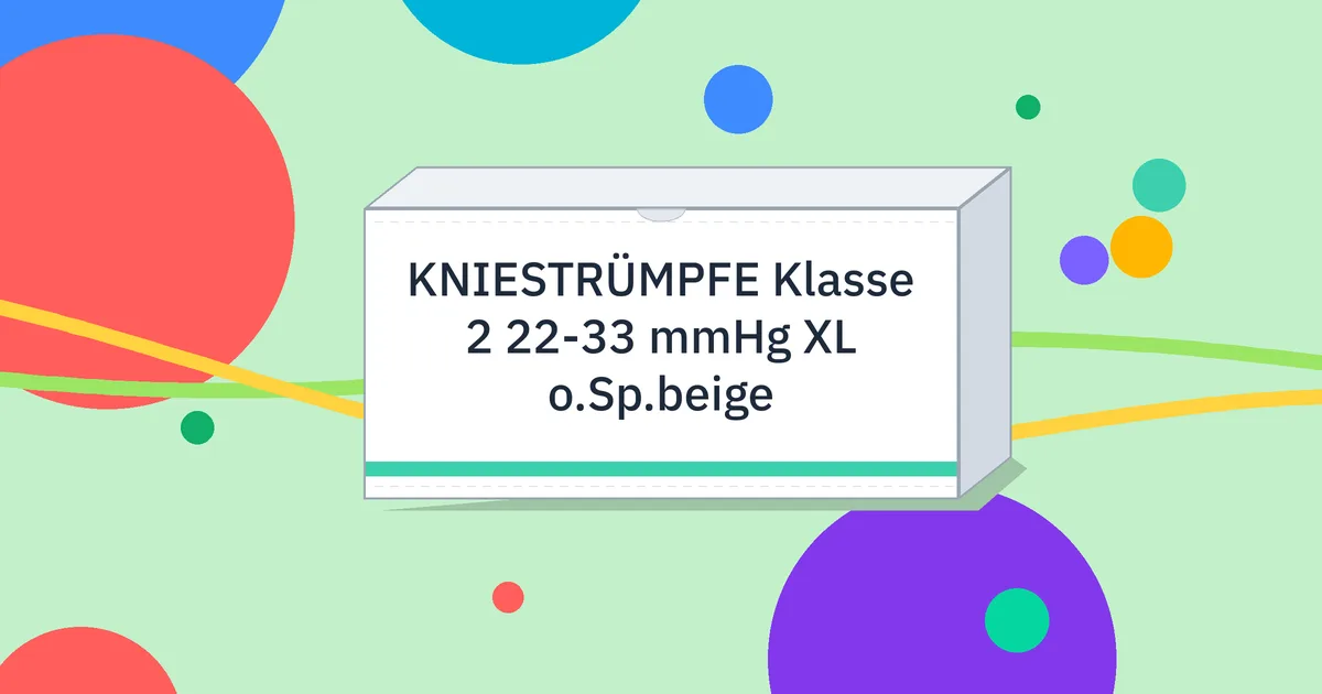 Symbolbild: Packung mit der Aufschrift KNIESTRÜMPFE Klasse 2 22-33 mmHg XL o.Sp.beige (PZN 19072539) – Verfügbarkeit und Bezug in Apotheken in Frankfurt am Main