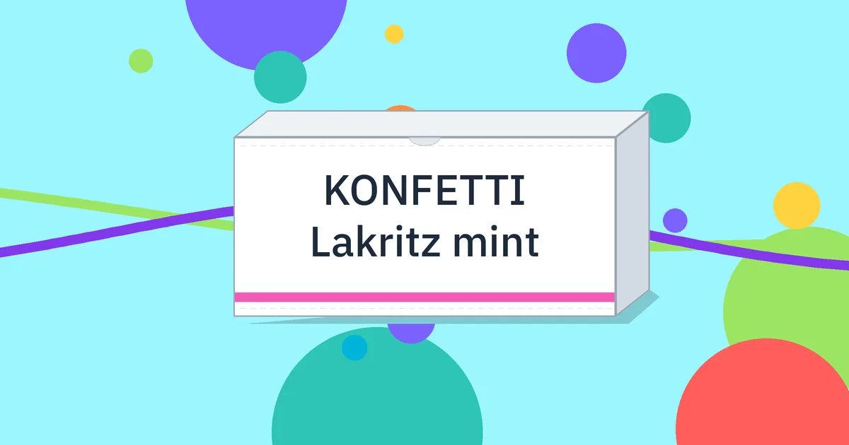 Symbolbild: Packung mit der Aufschrift KONFETTI Lakritz mint (PZN 02455147) – Verfügbarkeit und Bezug in Apotheken in Frankfurt am Main