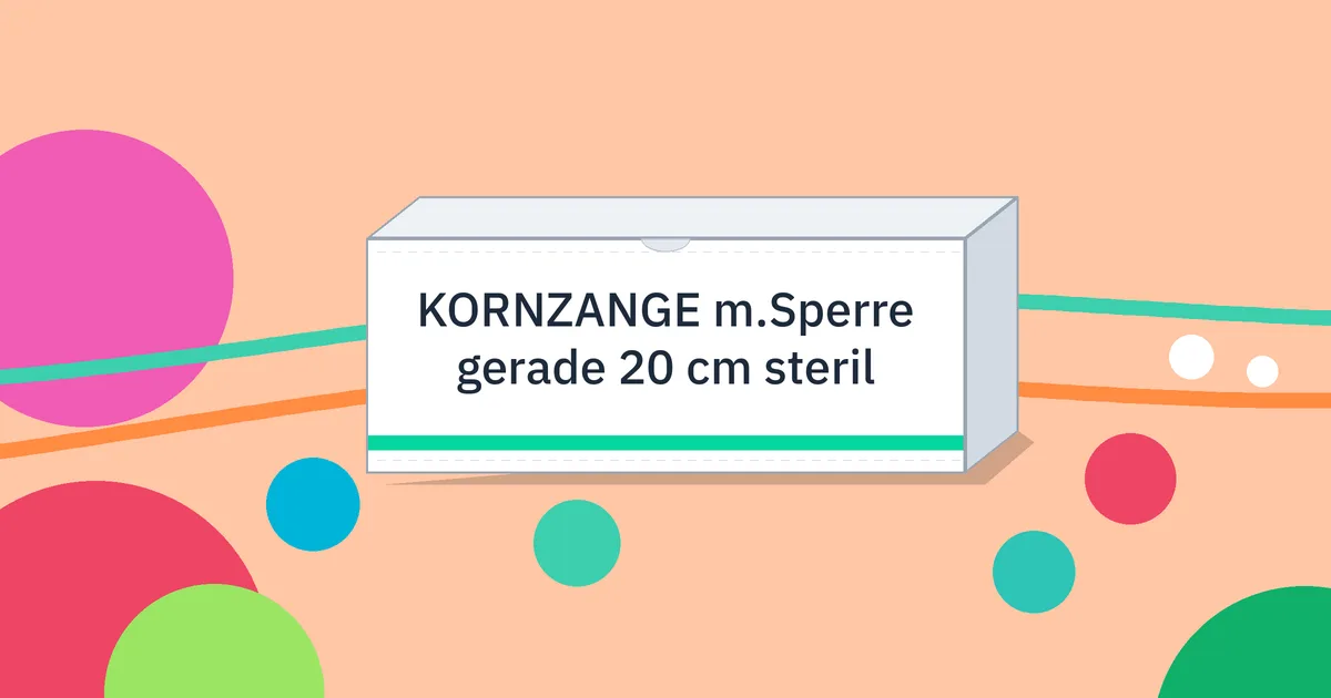 Symbolbild: Packung mit der Aufschrift KORNZANGE m.Sperre gerade 20 cm steril (PZN 17248537) – Verfügbarkeit und Bezug in Apotheken in Frankfurt am Main