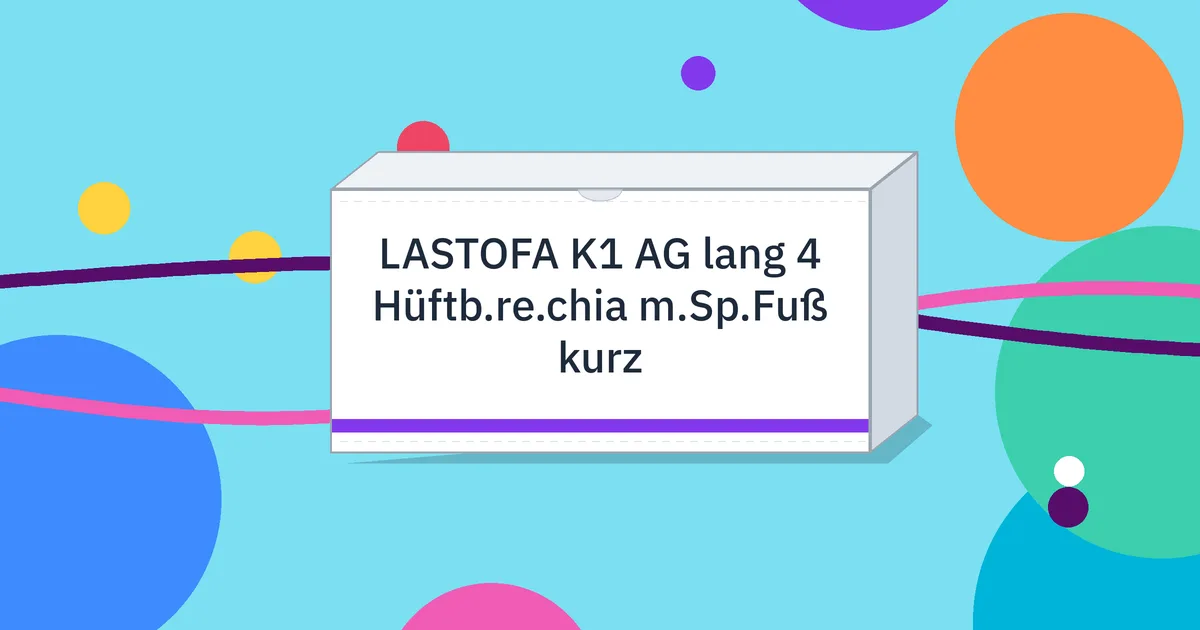 Symbolbild: Packung mit der Aufschrift LASTOFA K1 AG lang 4 Hüftb.re.chia m.Sp.Fuß kurz (PZN 13798270) – Verfügbarkeit und Bezug in Apotheken in Frankfurt am Main