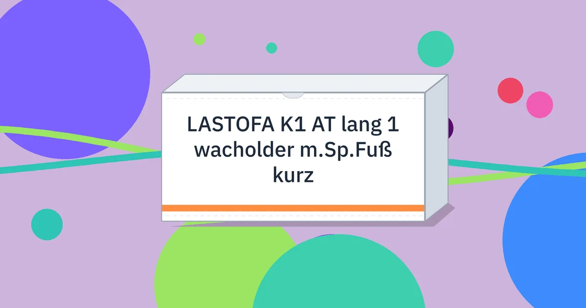 Symbolbild: Packung mit der Aufschrift LASTOFA K1 AT lang 1 wacholder m.Sp.Fuß kurz (PZN 13795113) – Verfügbarkeit und Bezug in Apotheken in Frankfurt am Main