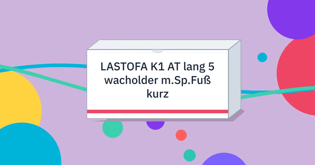 Symbolbild: Packung mit der Aufschrift LASTOFA K1 AT lang 5 wacholder m.Sp.Fuß kurz (PZN 13796609) – Verfügbarkeit und Bezug in Apotheken in Frankfurt am Main