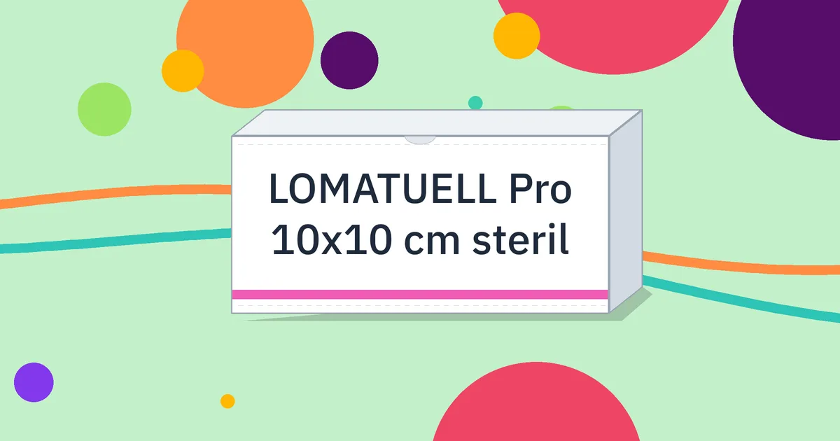Symbolbild: Packung mit der Aufschrift LOMATUELL Pro 10x10 cm steril (PZN 16810592) – Verfügbarkeit und Bezug in Apotheken in Frankfurt am Main