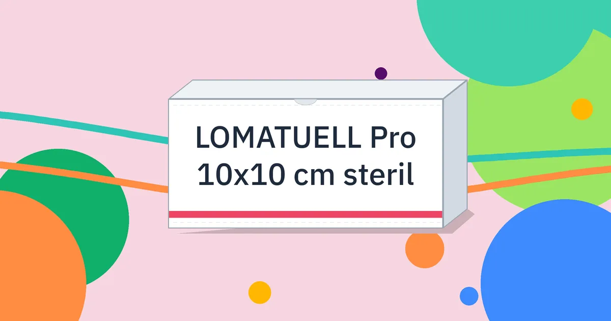 Symbolbild: Packung mit der Aufschrift LOMATUELL Pro 10x10 cm steril (PZN 17276841) – Verfügbarkeit und Bezug in Apotheken in Frankfurt am Main