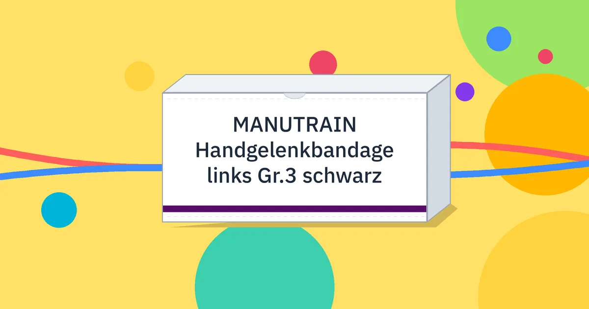 Symbolbild: Packung mit der Aufschrift MANUTRAIN Handgelenkbandage links Gr.3 schwarz (PZN 07552375) – Verfügbarkeit und Bezug in Apotheken in Frankfurt am Main