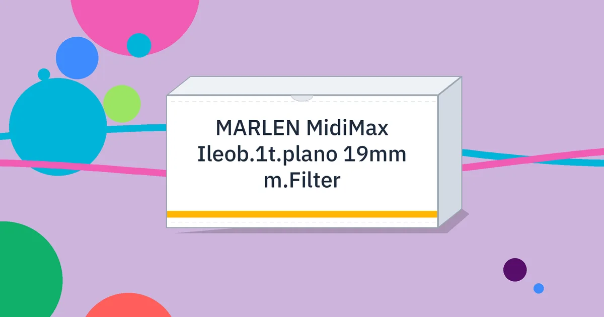 Symbolbild: Packung mit der Aufschrift MARLEN MidiMax Ileob.1t.plano 19mm m.Filter (PZN 16658055) – Verfügbarkeit und Bezug in Apotheken in Frankfurt am Main