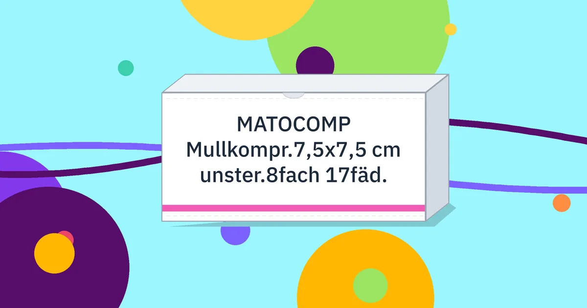 Symbolbild: Packung mit der Aufschrift MATOCOMP Mullkompr.7,5x7,5 cm unster.8fach 17fäd. (PZN 00925270) – Verfügbarkeit und Bezug in Apotheken in Frankfurt am Main