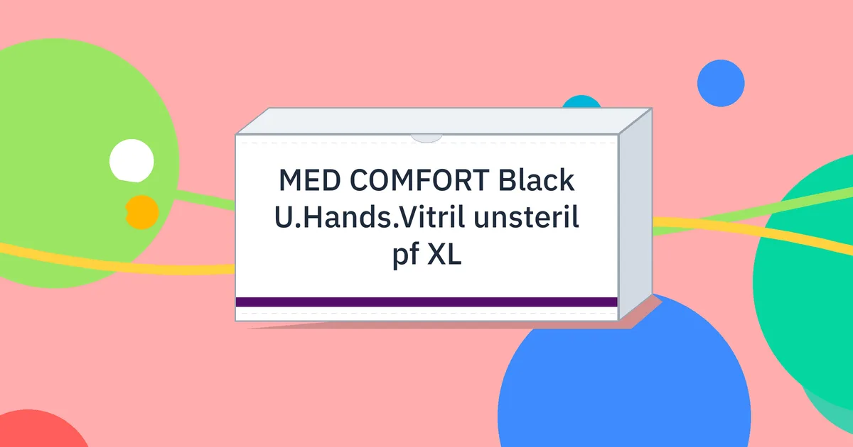 Symbolbild: Packung mit der Aufschrift MED COMFORT Black U.Hands.Vitril unsteril pf XL (PZN 17173408) – Verfügbarkeit und Bezug in Apotheken in Frankfurt am Main