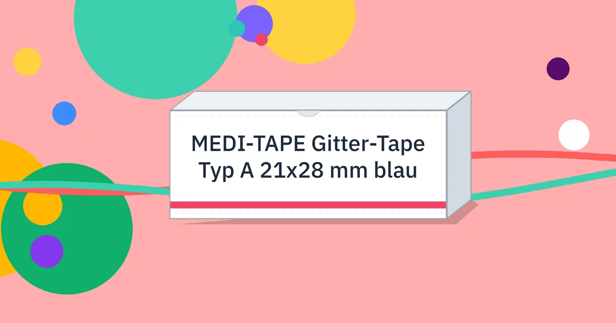 Symbolbild: Packung mit der Aufschrift MEDI-TAPE Gitter-Tape Typ A 21x28 mm blau (PZN 16043075) – Verfügbarkeit und Bezug in Apotheken in Frankfurt am Main