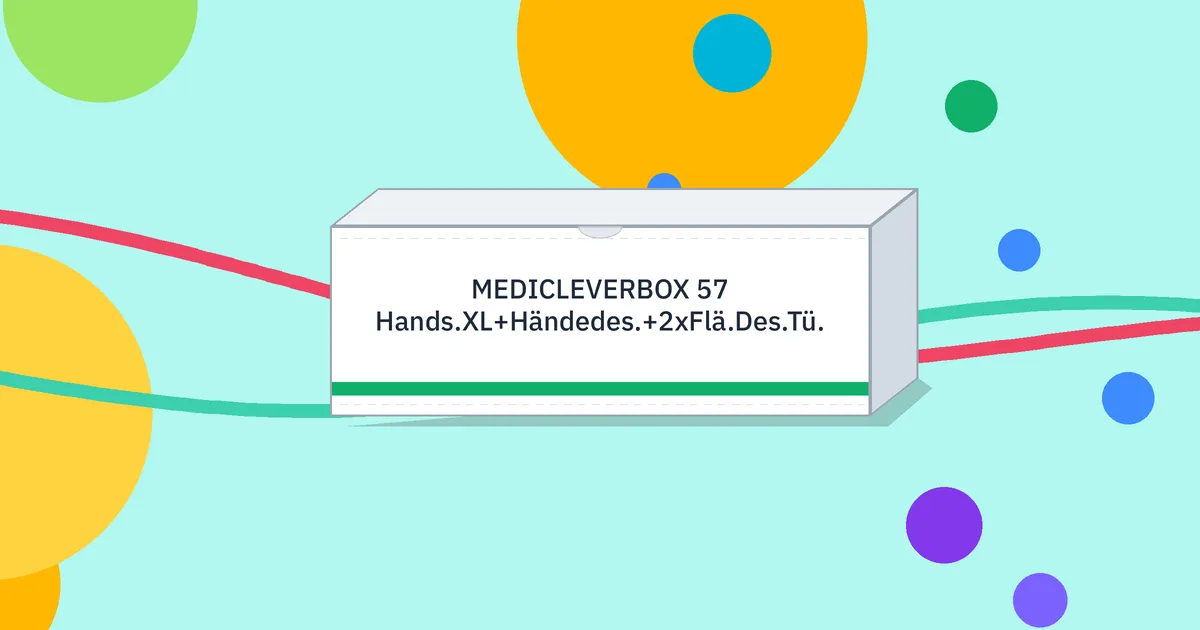 Symbolbild: Packung mit der Aufschrift MEDICLEVERBOX 57 Hands.XL+Händedes.+2xFlä.Des.Tü. (PZN 19335683) – Verfügbarkeit und Bezug in Apotheken in Frankfurt am Main