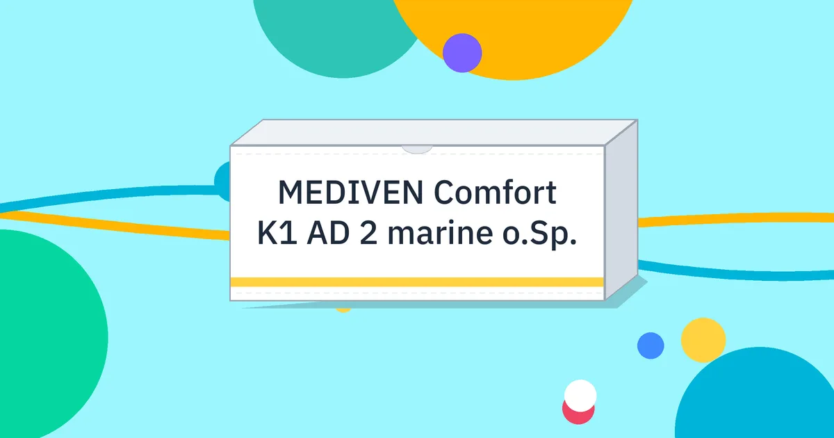 Symbolbild: Packung mit der Aufschrift MEDIVEN Comfort K1 AD 2 marine o.Sp. (PZN 14559596) – Verfügbarkeit und Bezug in Apotheken in Frankfurt am Main