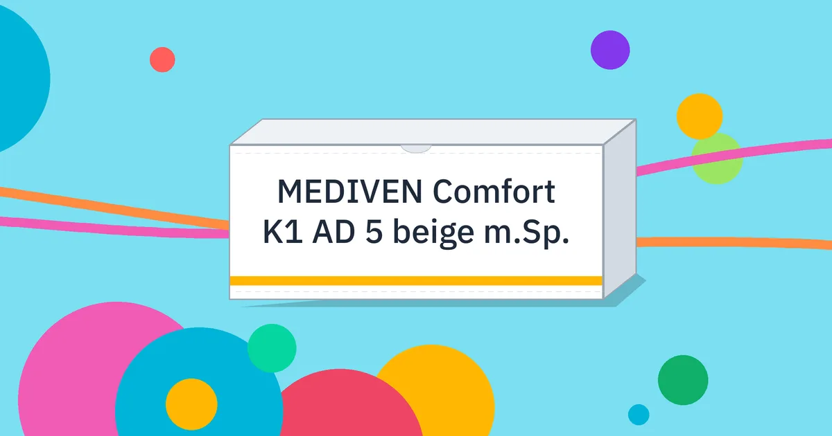 Symbolbild: Packung mit der Aufschrift MEDIVEN Comfort K1 AD 5 beige m.Sp. (PZN 14559478) – Verfügbarkeit und Bezug in Apotheken in Frankfurt am Main