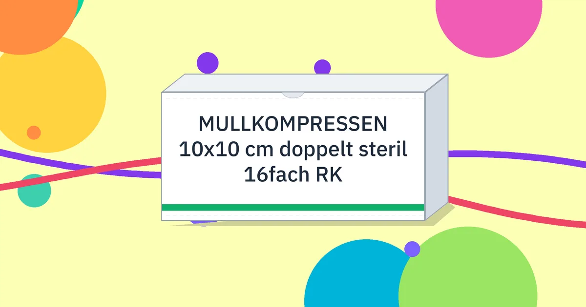 Symbolbild: Packung mit der Aufschrift MULLKOMPRESSEN 10x10 cm doppelt steril 16fach RK (PZN 12348814) – Verfügbarkeit und Bezug in Apotheken in Frankfurt am Main