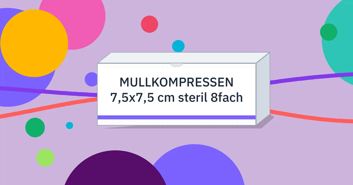 Symbolbild: Packung mit der Aufschrift MULLKOMPRESSEN 7,5x7,5 cm steril 8fach (PZN 07385730) – Verfügbarkeit und Bezug in Apotheken in Frankfurt am Main