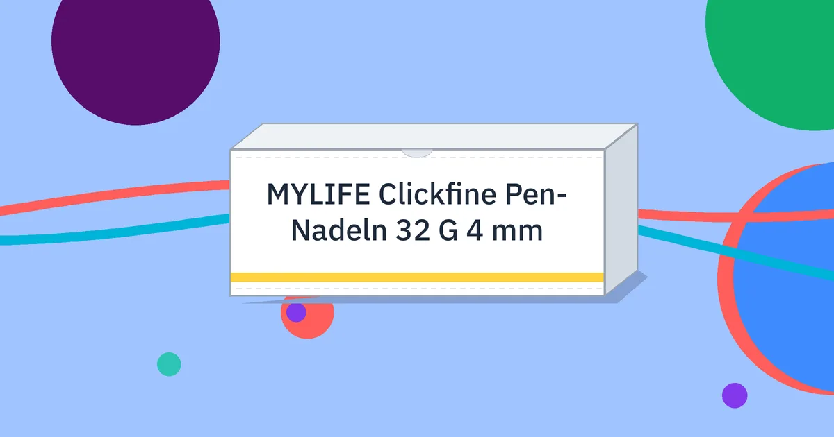 Symbolbild: Packung mit der Aufschrift MYLIFE Clickfine Pen-Nadeln 32 G 4 mm (PZN 20217664) – Verfügbarkeit und Bezug in Apotheken in Frankfurt am Main