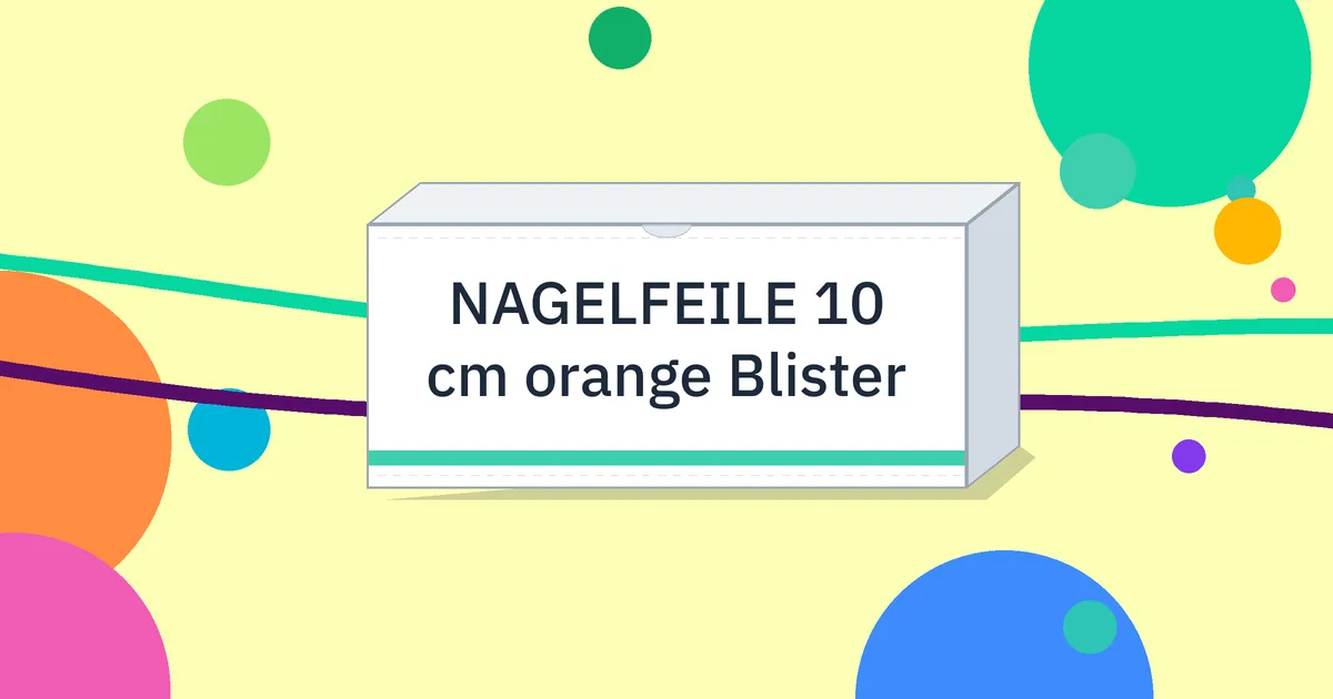 Symbolbild: Packung mit der Aufschrift NAGELFEILE 10 cm orange Blister (PZN 10349241) – Verfügbarkeit und Bezug in Apotheken in Frankfurt am Main