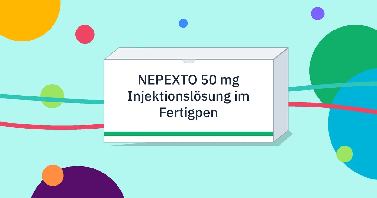 Symbolbild: Packung mit der Aufschrift NEPEXTO 50 mg Injektionslösung im Fertigpen (PZN 18227342) – Verfügbarkeit und Bezug in Apotheken in Frankfurt am Main