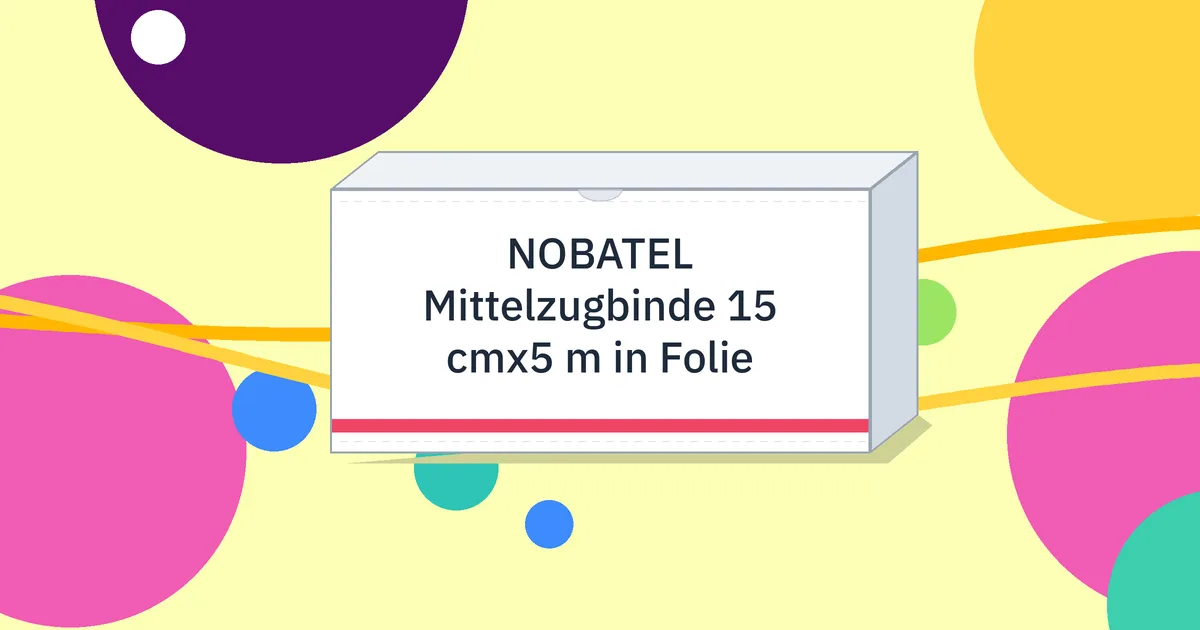 Symbolbild: Packung mit der Aufschrift NOBATEL Mittelzugbinde 15 cmx5 m in Folie (PZN 07095498) – Verfügbarkeit und Bezug in Apotheken in Frankfurt am Main