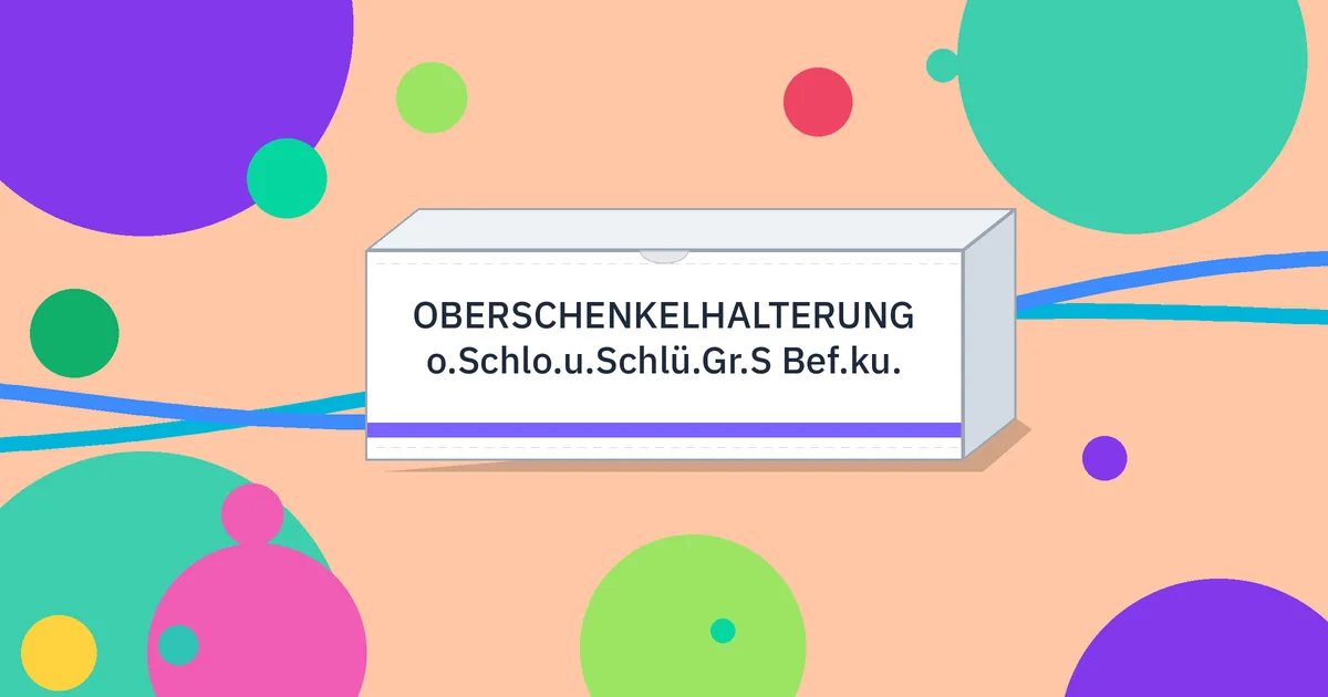 Symbolbild: Packung mit der Aufschrift OBERSCHENKELHALTERUNG o.Schlo.u.Schlü.Gr.S Bef.ku. (PZN 14298291) – Verfügbarkeit und Bezug in Apotheken in Frankfurt am Main