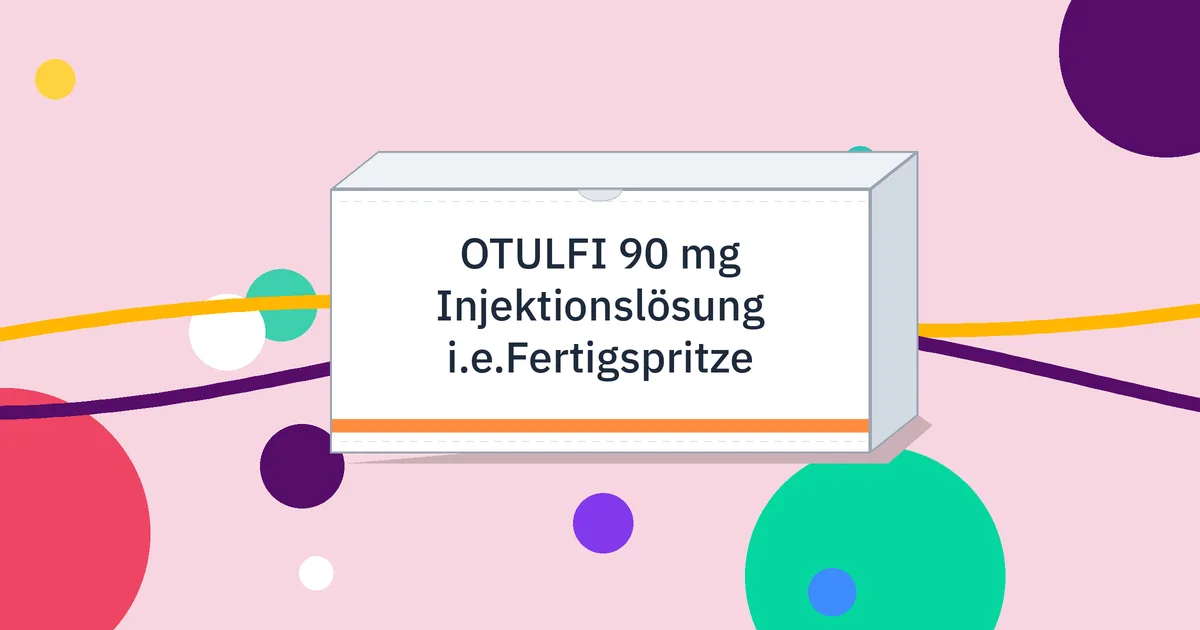 Symbolbild: Packung mit der Aufschrift OTULFI 90 mg Injektionslösung i.e.Fertigspritze (PZN 20038737) – Verfügbarkeit und Bezug in Apotheken in Frankfurt am Main