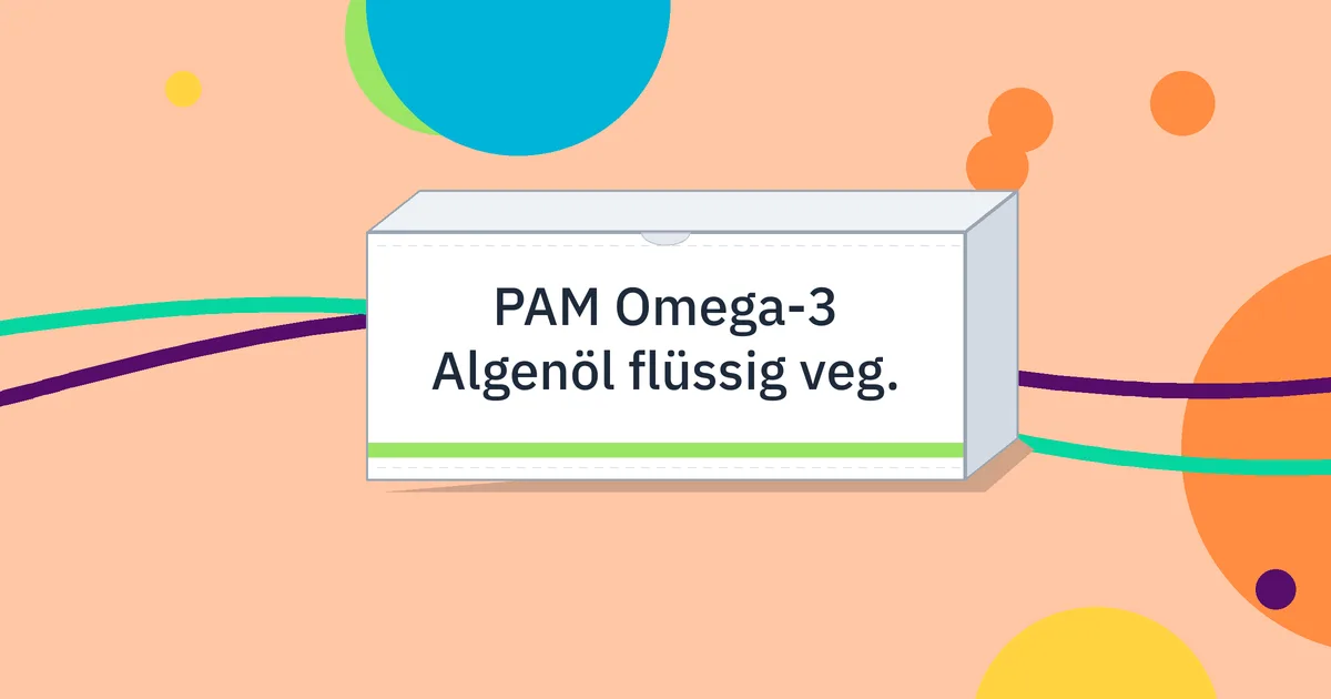 Symbolbild: Packung mit der Aufschrift PAM Omega-3 Algenöl flüssig veg. (PZN 20280384) – Verfügbarkeit und Bezug in Apotheken in Frankfurt am Main