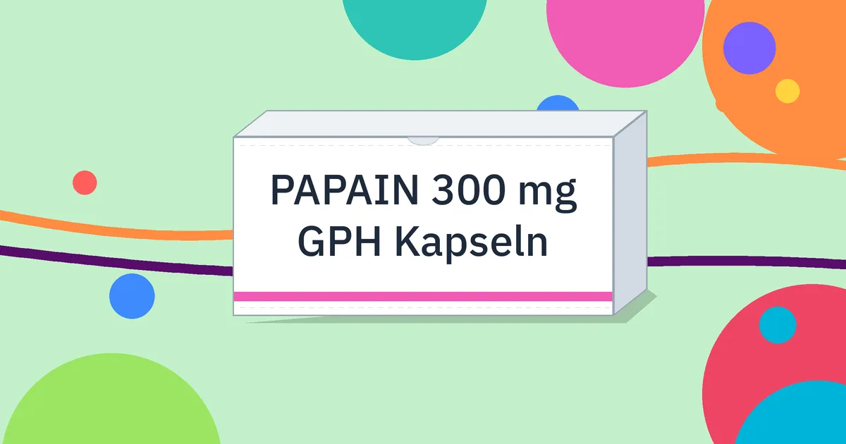 Symbolbild: Packung mit der Aufschrift PAPAIN 300 mg GPH Kapseln (PZN 03447457) – Verfügbarkeit und Bezug in Apotheken in Frankfurt am Main