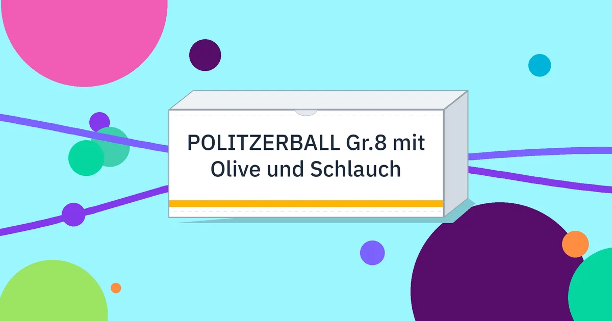 Symbolbild: Packung mit der Aufschrift POLITZERBALL Gr.8 mit Olive und Schlauch (PZN 03312094) – Verfügbarkeit und Bezug in Apotheken in Frankfurt am Main