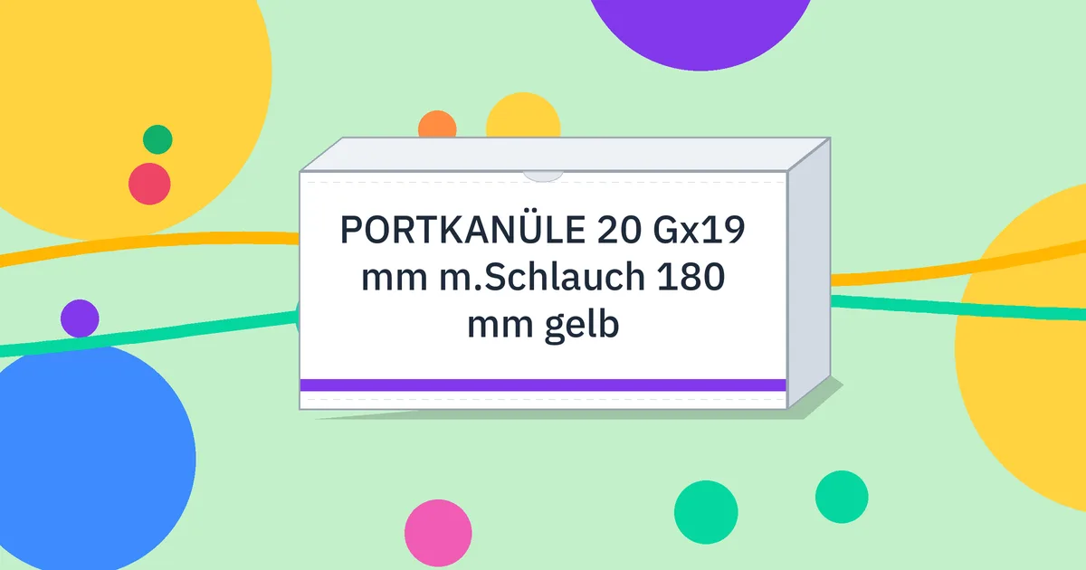 Symbolbild: Packung mit der Aufschrift PORTKANÜLE 20 Gx19 mm m.Schlauch 180 mm gelb (PZN 14286856) – Verfügbarkeit und Bezug in Apotheken in Frankfurt am Main