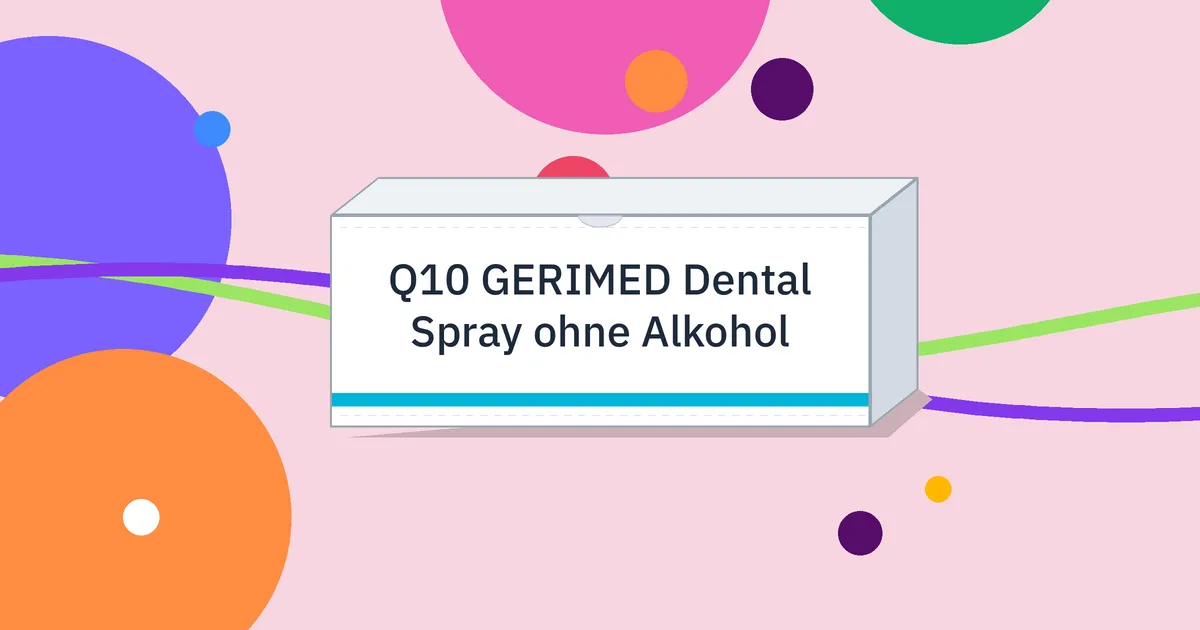 Symbolbild: Packung mit der Aufschrift Q10 GERIMED Dental Spray ohne Alkohol (PZN 01699114) – Verfügbarkeit und Bezug in Apotheken in Frankfurt am Main