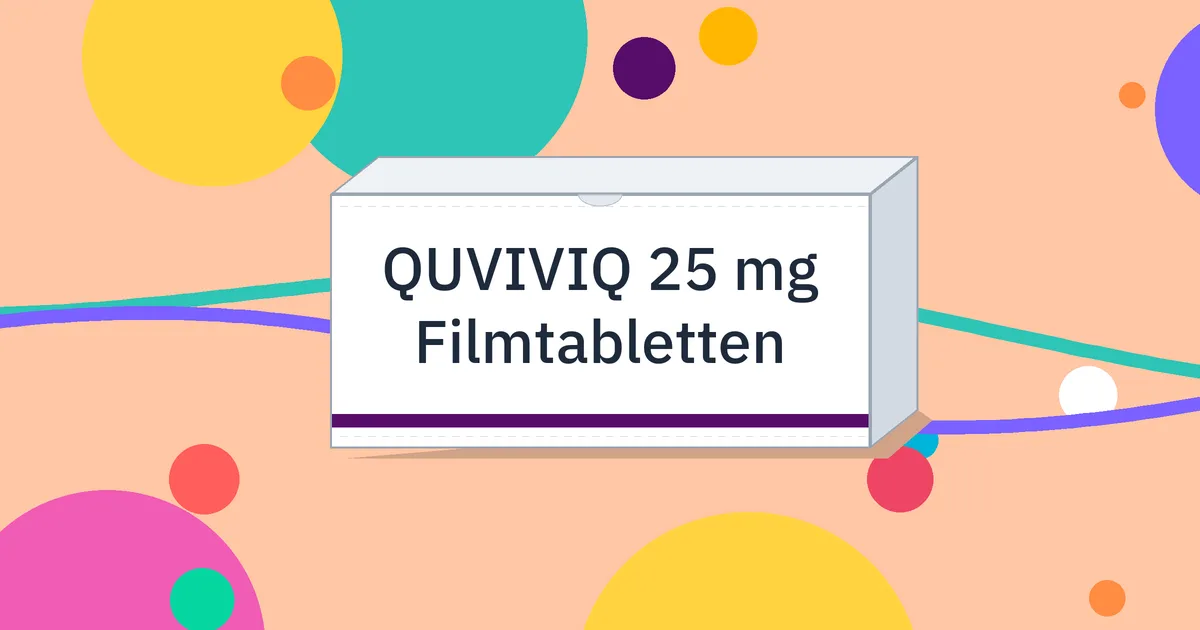 Symbolbild: Packung mit der Aufschrift QUVIVIQ 25 mg Filmtabletten (PZN 19386545) – Verfügbarkeit und Bezug in Apotheken in Frankfurt am Main