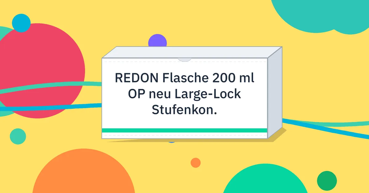 Symbolbild: Packung mit der Aufschrift REDON Flasche 200 ml OP neu Large-Lock Stufenkon. (PZN 08928486) – Verfügbarkeit und Bezug in Apotheken in Frankfurt am Main