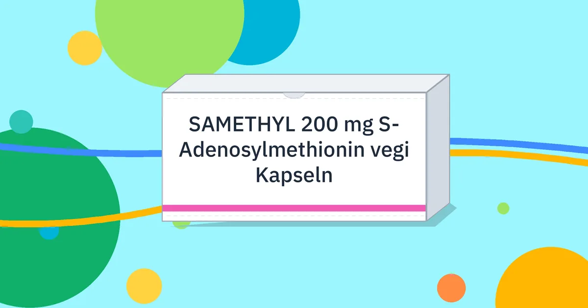 Symbolbild: Packung mit der Aufschrift SAMETHYL 200 mg S-Adenosylmethionin vegi Kapseln (PZN 16229029) – Verfügbarkeit und Bezug in Apotheken in Frankfurt am Main