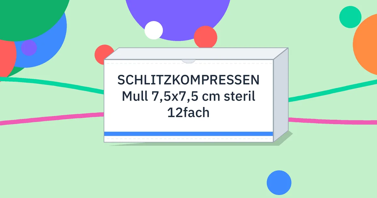 Symbolbild: Packung mit der Aufschrift SCHLITZKOMPRESSEN Mull 7,5x7,5 cm steril 12fach (PZN 07574460) – Verfügbarkeit und Bezug in Apotheken in Frankfurt am Main