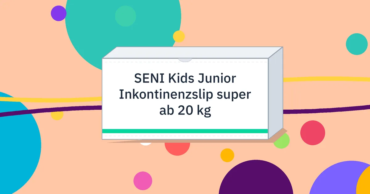 Symbolbild: Packung mit der Aufschrift SENI Kids Junior Inkontinenzslip super ab 20 kg (PZN 16791908) – Verfügbarkeit und Bezug in Apotheken in Frankfurt am Main