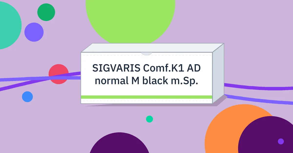 Symbolbild: Packung mit der Aufschrift SIGVARIS Comf.K1 AD normal M black m.Sp. (PZN 17042132) – Verfügbarkeit und Bezug in Apotheken in Frankfurt am Main