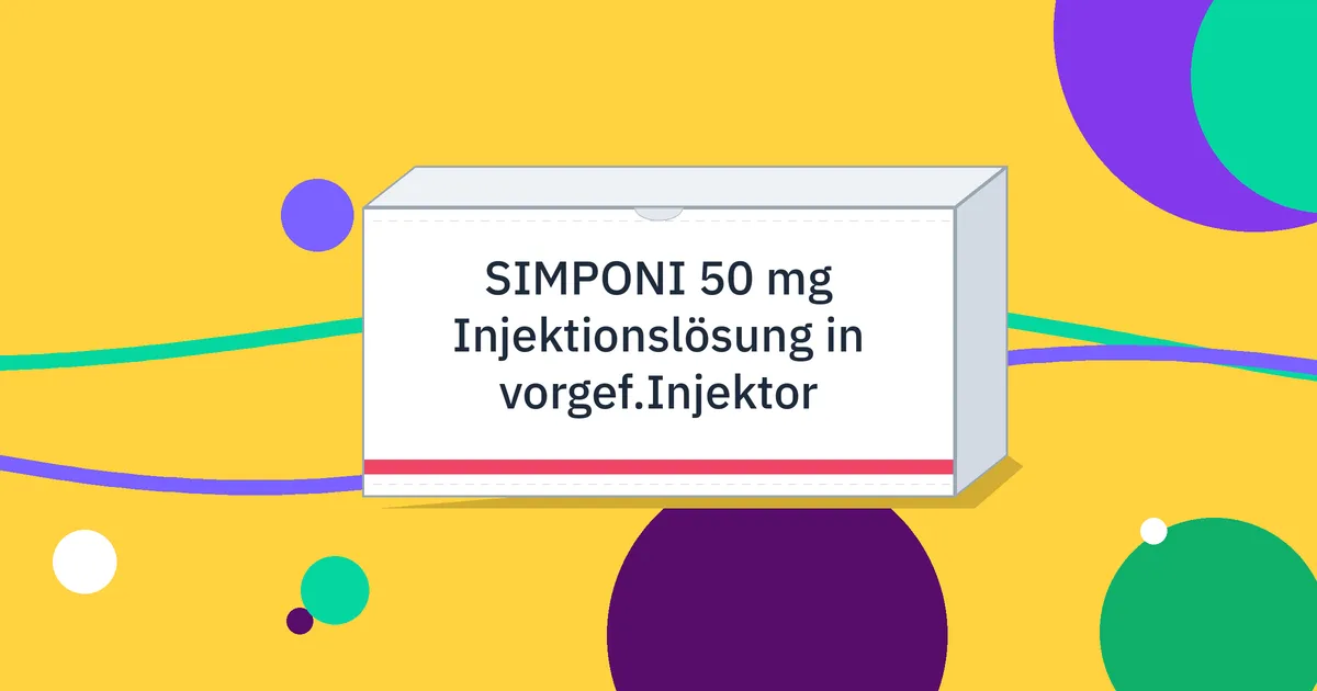 Symbolbild: Packung mit der Aufschrift SIMPONI 50 mg Injektionslösung in vorgef.Injektor (PZN 06562087) – Verfügbarkeit und Bezug in Apotheken in Frankfurt am Main