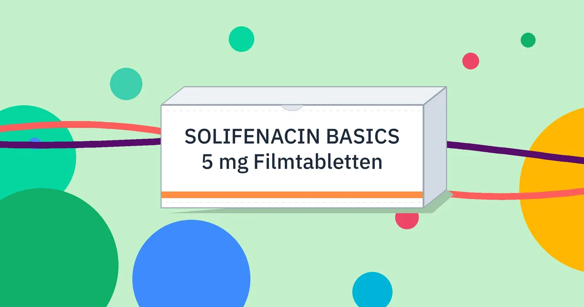 Symbolbild: Packung mit der Aufschrift SOLIFENACIN BASICS 5 mg Filmtabletten (PZN 15616899) – Verfügbarkeit und Bezug in Apotheken in Frankfurt am Main