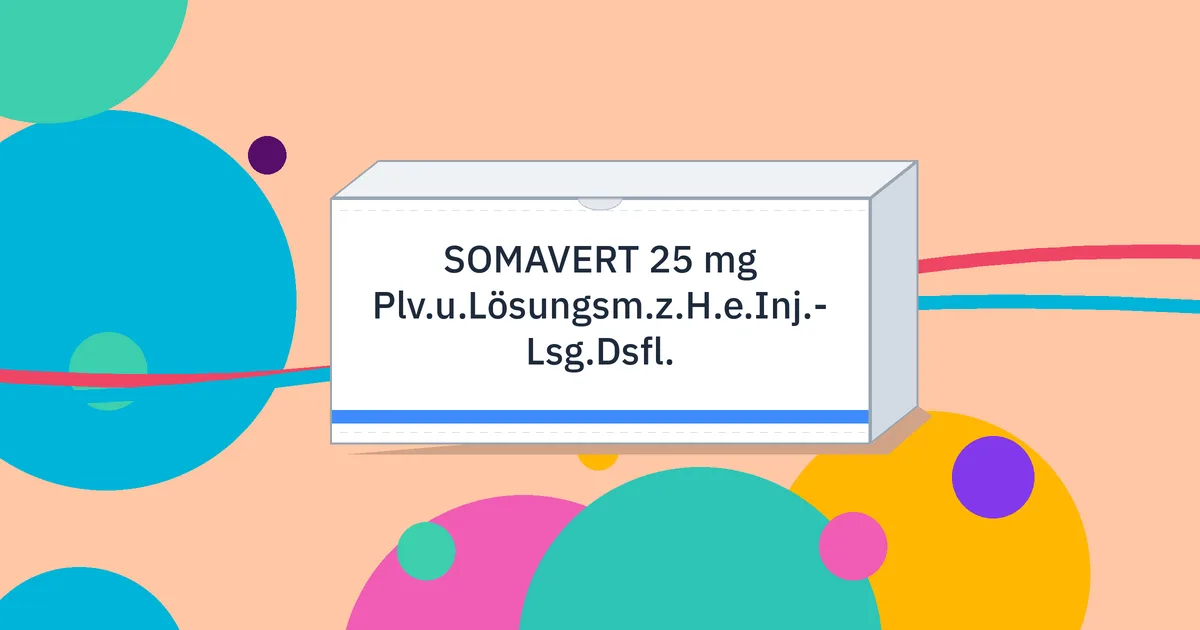 Symbolbild: Packung mit der Aufschrift SOMAVERT 25 mg Plv.u.Lösungsm.z.H.e.Inj.-Lsg.Dsfl. (PZN 16600417) – Verfügbarkeit und Bezug in Apotheken in Frankfurt am Main