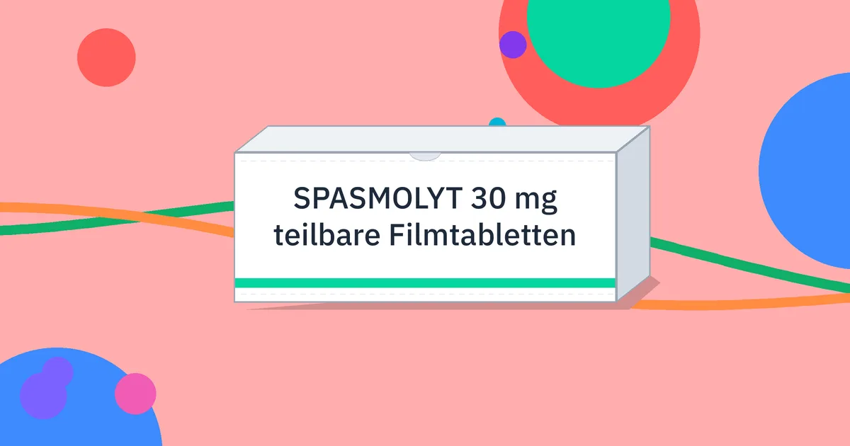 Symbolbild: Packung mit der Aufschrift SPASMOLYT 30 mg teilbare Filmtabletten (PZN 05465258) – Verfügbarkeit und Bezug in Apotheken in Frankfurt am Main