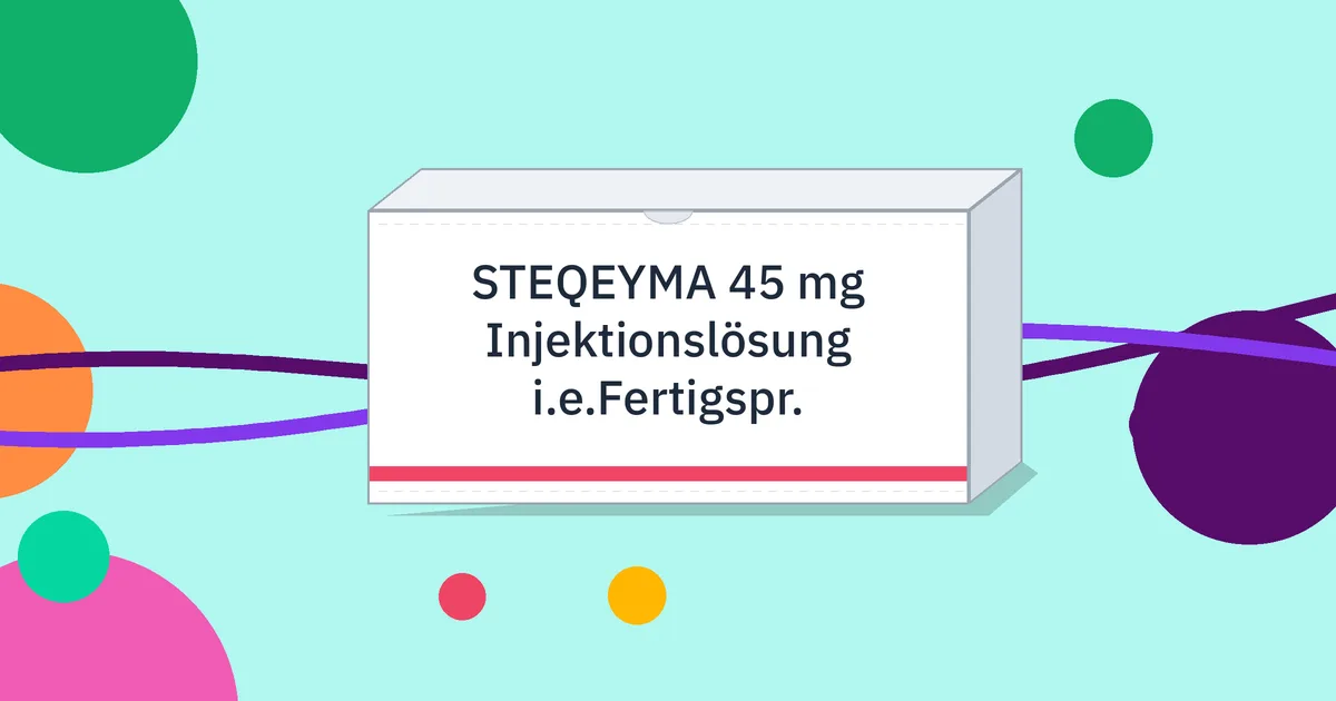 Symbolbild: Packung mit der Aufschrift STEQEYMA 45 mg Injektionslösung i.e.Fertigspr. (PZN 19778937) – Verfügbarkeit und Bezug in Apotheken in Frankfurt am Main