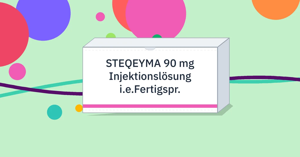 Symbolbild: Packung mit der Aufschrift STEQEYMA 90 mg Injektionslösung i.e.Fertigspr. (PZN 20143279) – Verfügbarkeit und Bezug in Apotheken in Frankfurt am Main