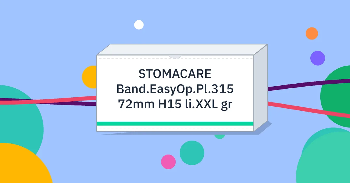 Symbolbild: Packung mit der Aufschrift STOMACARE Band.EasyOp.Pl.315 72mm H15 li.XXL gr (PZN 17905604) – Verfügbarkeit und Bezug in Apotheken in Frankfurt am Main