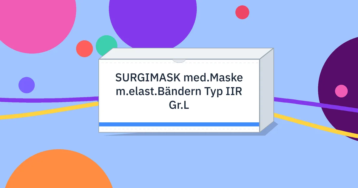 Symbolbild: Packung mit der Aufschrift SURGIMASK med.Maske m.elast.Bändern Typ IIR Gr.L (PZN 18196848) – Verfügbarkeit und Bezug in Apotheken in Frankfurt am Main