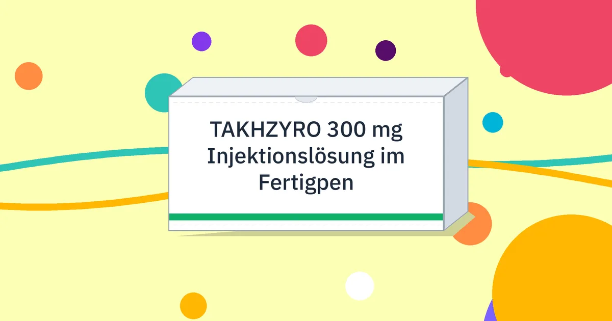 Symbolbild: Packung mit der Aufschrift TAKHZYRO 300 mg Injektionslösung im Fertigpen (PZN 19552825) – Verfügbarkeit und Bezug in Apotheken in Frankfurt am Main