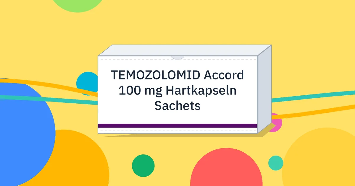 Symbolbild: Packung mit der Aufschrift TEMOZOLOMID Accord 100 mg Hartkapseln Sachets (PZN 20546646) – Verfügbarkeit und Bezug in Apotheken in Frankfurt am Main