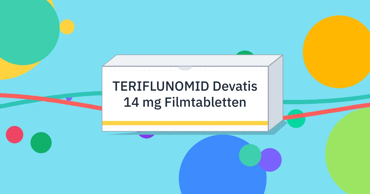 Symbolbild: Packung mit der Aufschrift TERIFLUNOMID Devatis 14 mg Filmtabletten (PZN 19892745) – Verfügbarkeit und Bezug in Apotheken in Frankfurt am Main