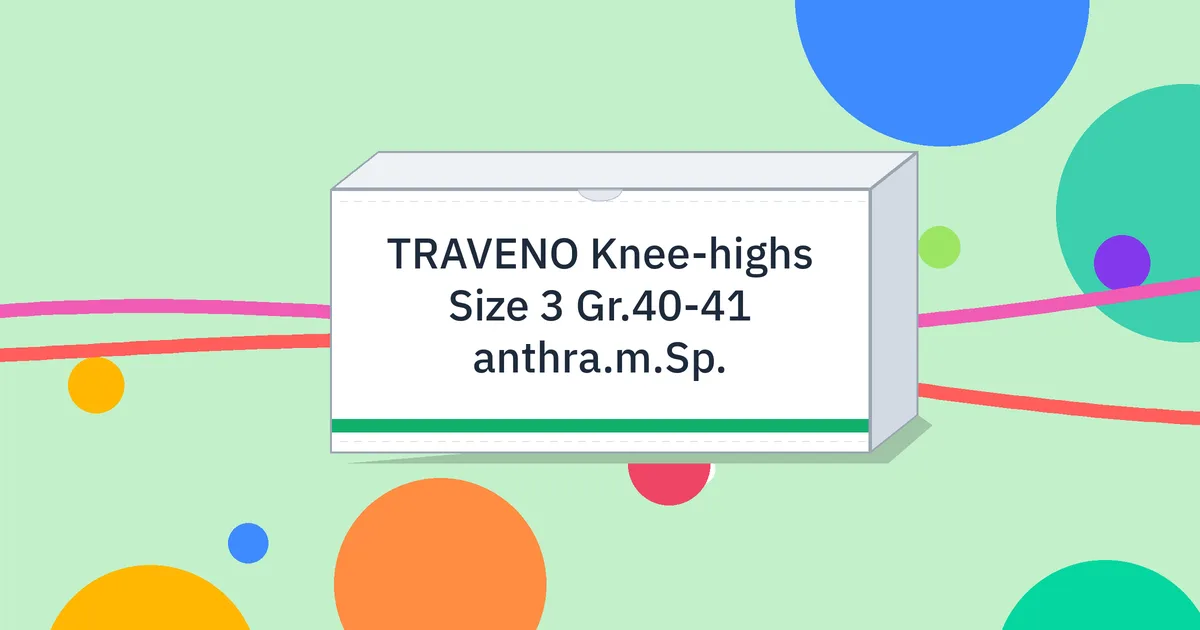 Symbolbild: Packung mit der Aufschrift TRAVENO Knee-highs Size 3 Gr.40-41 anthra.m.Sp. (PZN 17602861) – Verfügbarkeit und Bezug in Apotheken in Frankfurt am Main